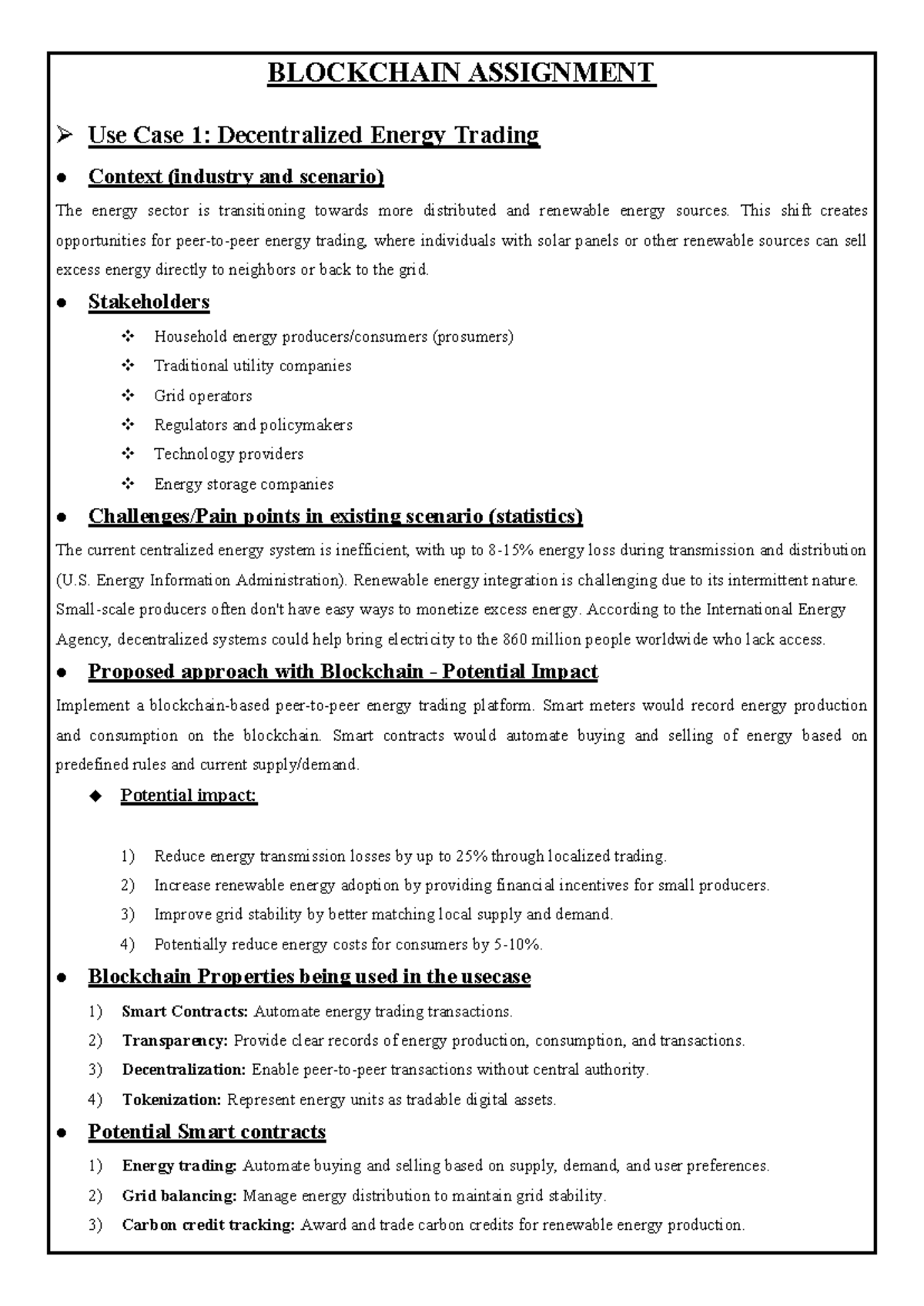 Blockchain Assignment 1 - BLOCKCHAIN ASSIGNMENT Use Case 1 : Decentralized Energy Trading - Studocu