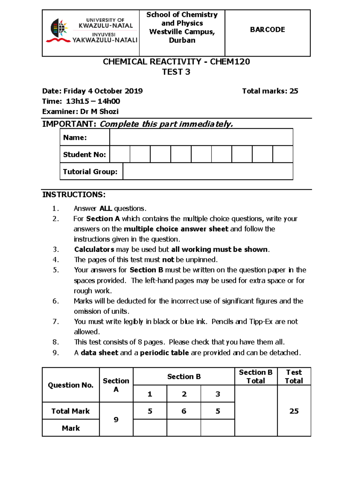 CHEM120: Chemical Reactivity TEST 3 - Friday 4 October 2019 - Studocu