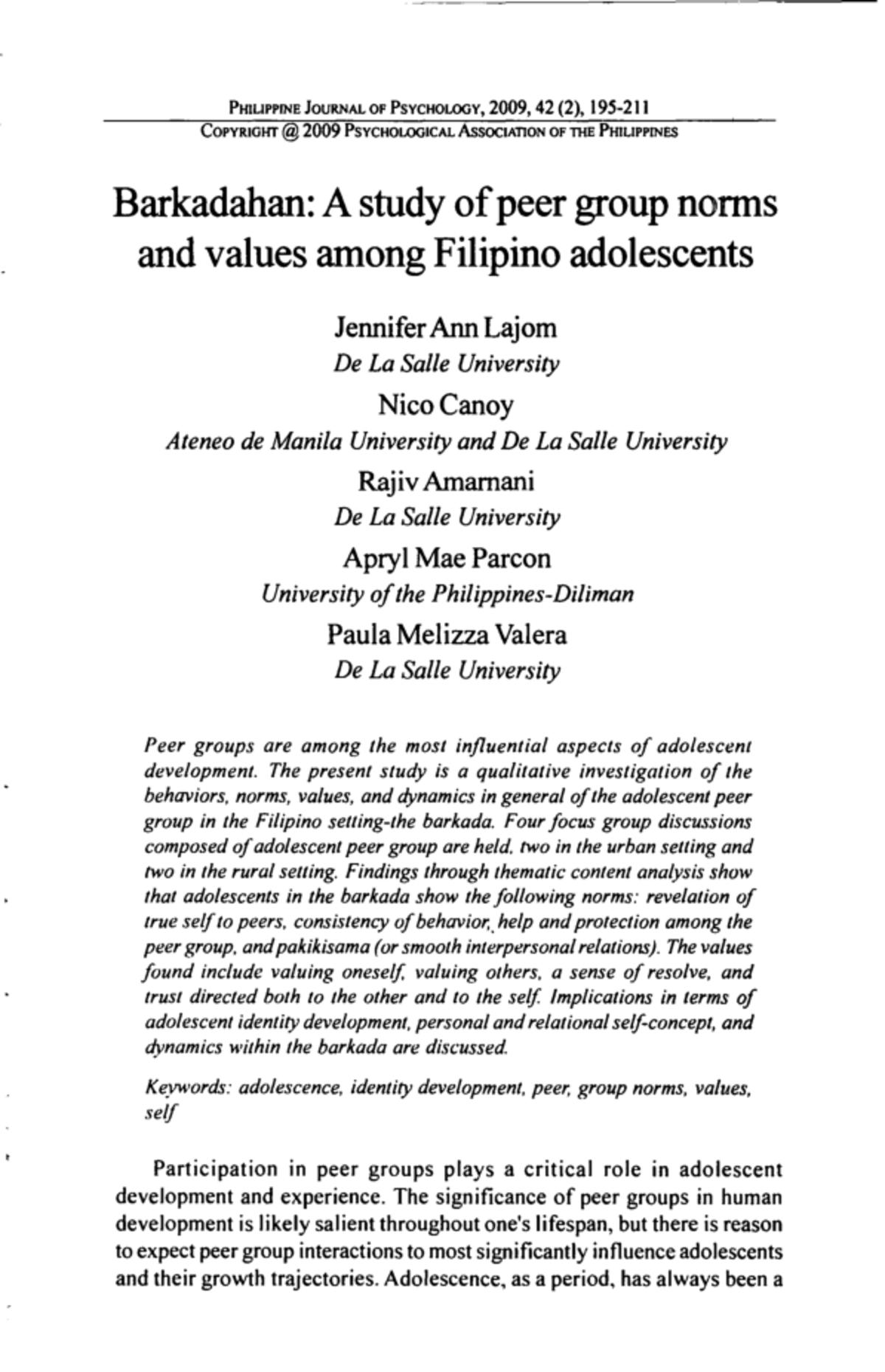 Barkadahan: Peer Group Norms & Values Among Filipino Adolescents (2009 ...