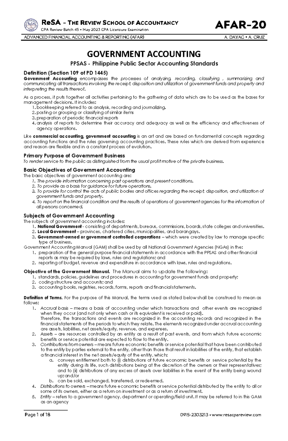 ReSA CPA Review Batch 45: Government Accounting Overview for AFAR - Studocu