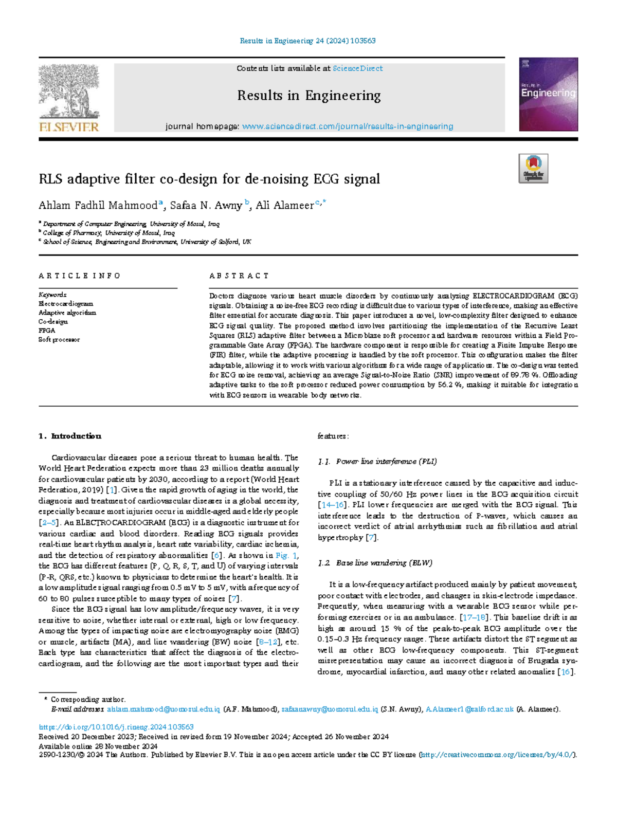 RLS Adaptive Filter Design for ECG Signal Enhancement in Engineering 24 ...