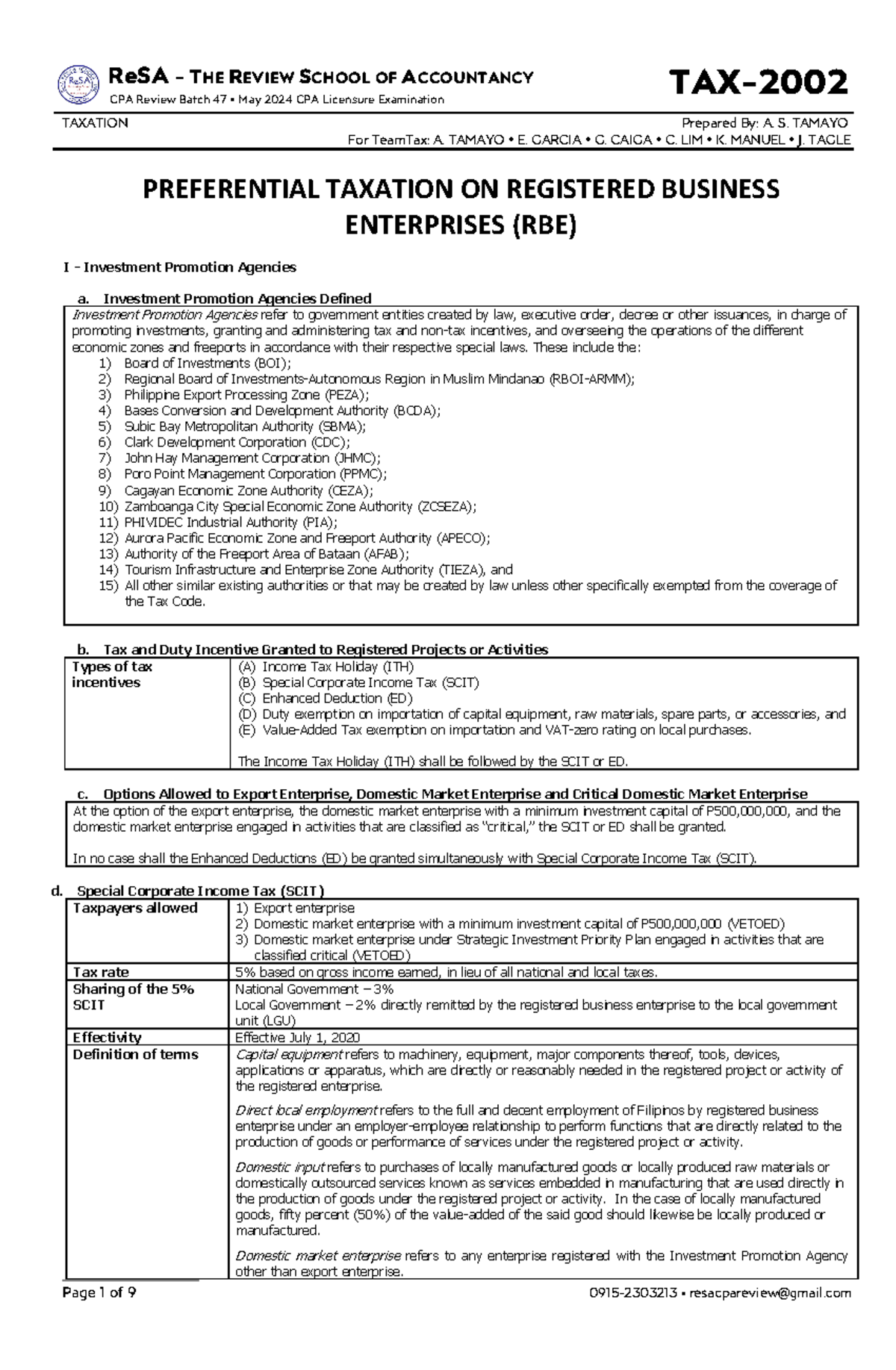 TAX-2002: Key Insights on Preferential Taxation 2 for RBE - Studocu