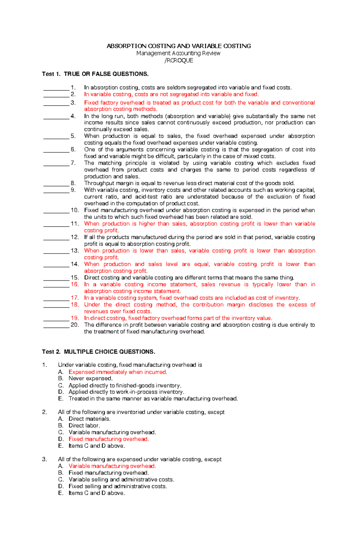Management Accounting Review Test 1: Absorption vs. Variable Costing ...