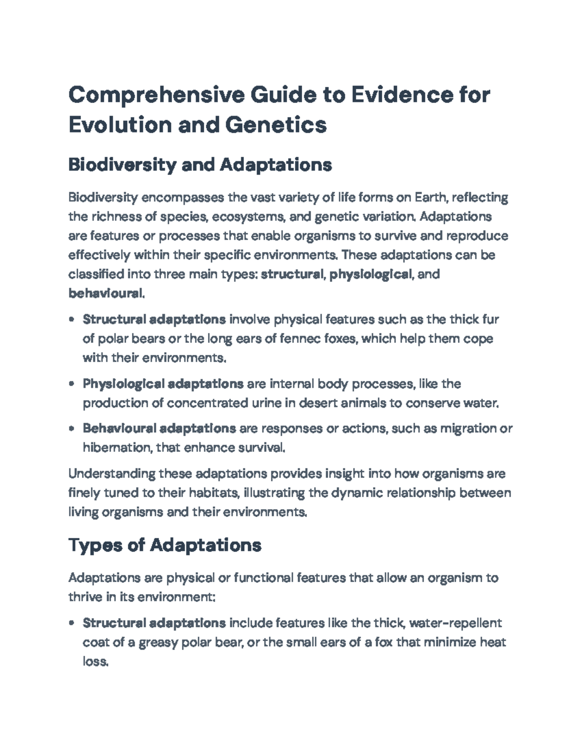 Comprehensive Study of Evolution, Genetics, and Adaptations (BIO 101 ...