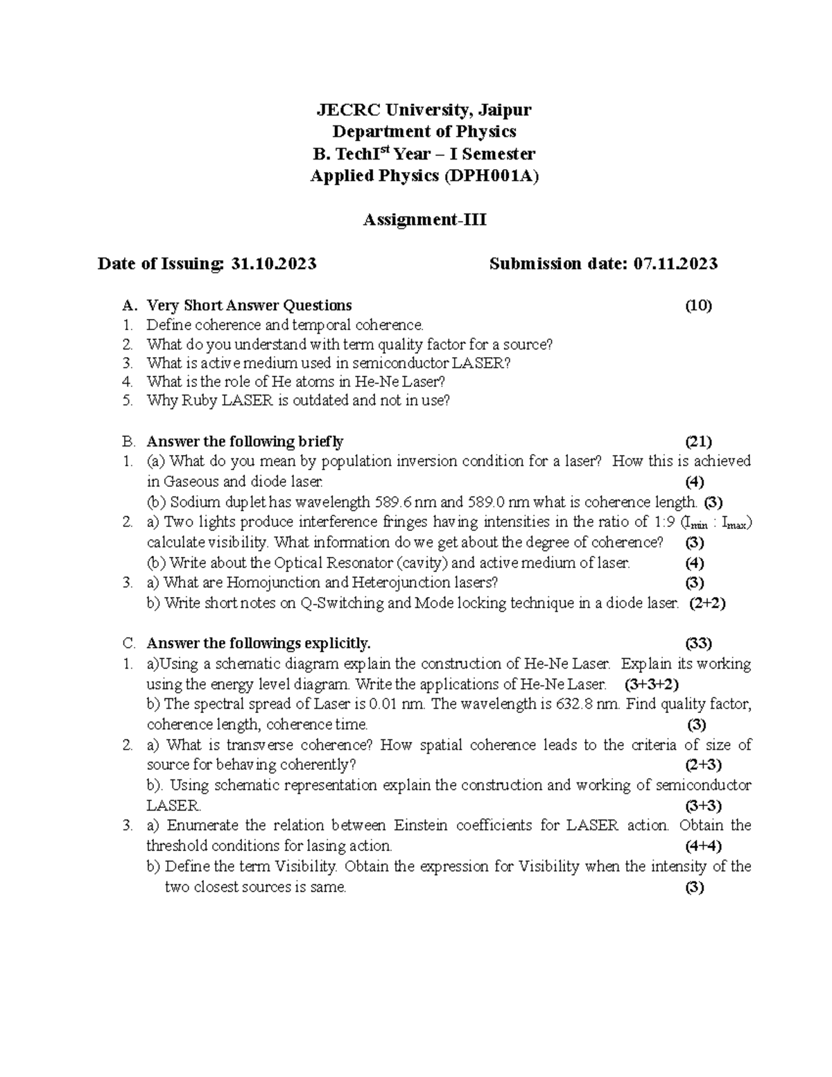 Assignment 3 - B.Tech DPH001A Applied Physics Questions and Answers - Studocu