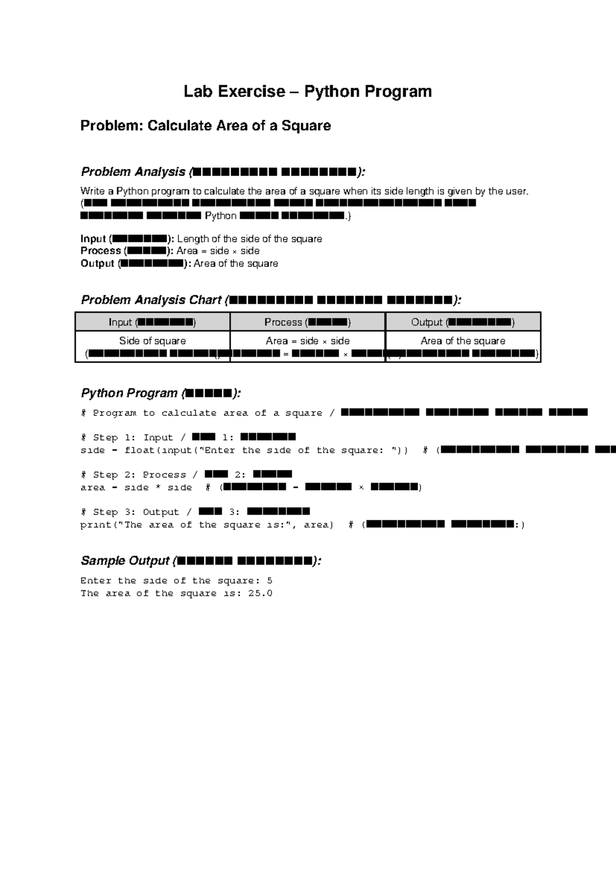 Lab Exercise: Python Program to Calculate Area of a Square - Studocu