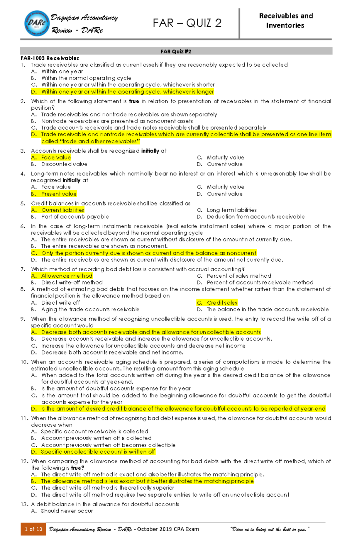 FAR-1003 Final Quiz 2: Receivables and Inventories with Answers - Studocu
