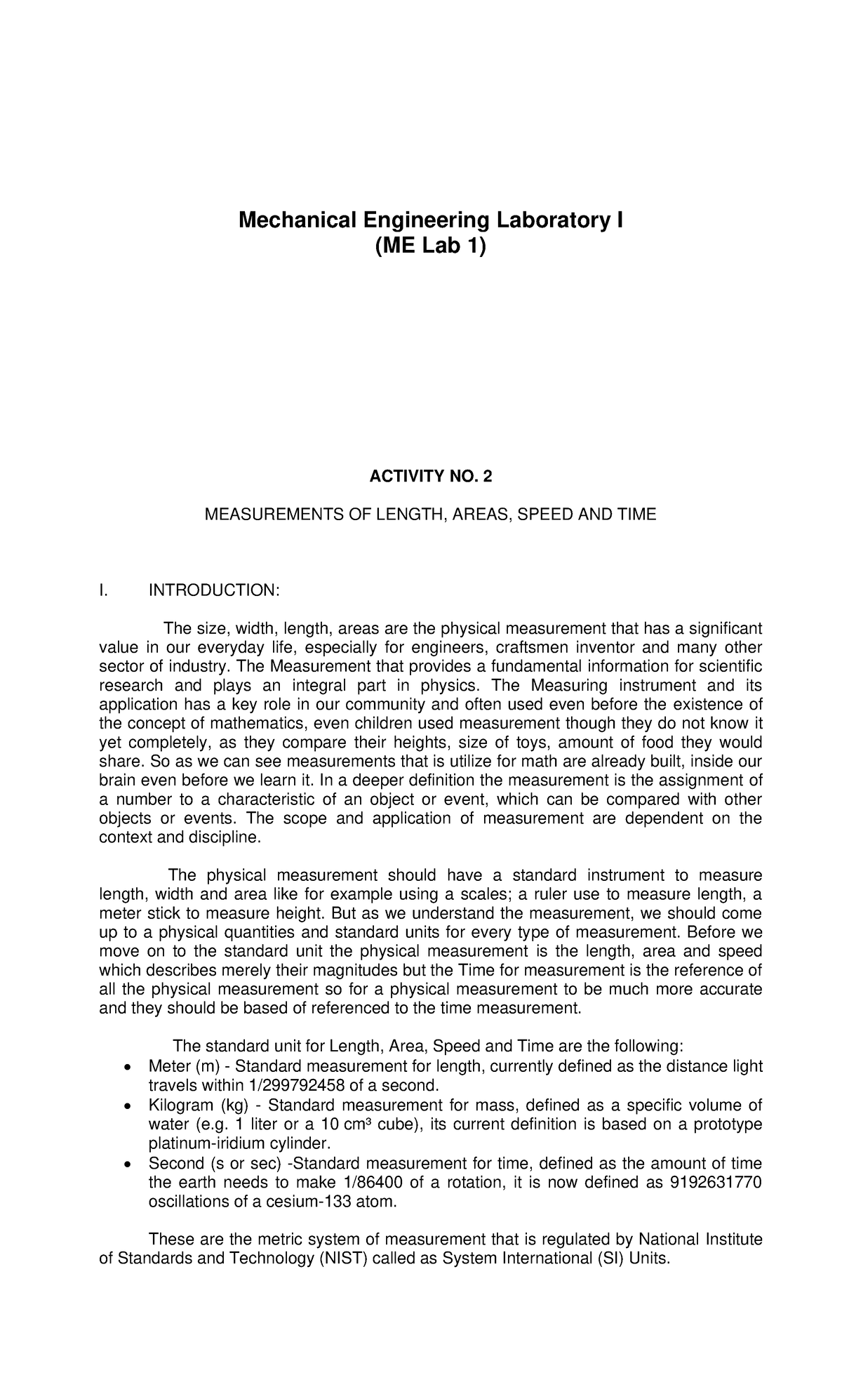 Melab Activity-No - Self-Assessment Questionnaire - Mechanical Engineering Laboratory I (ME Lab ...