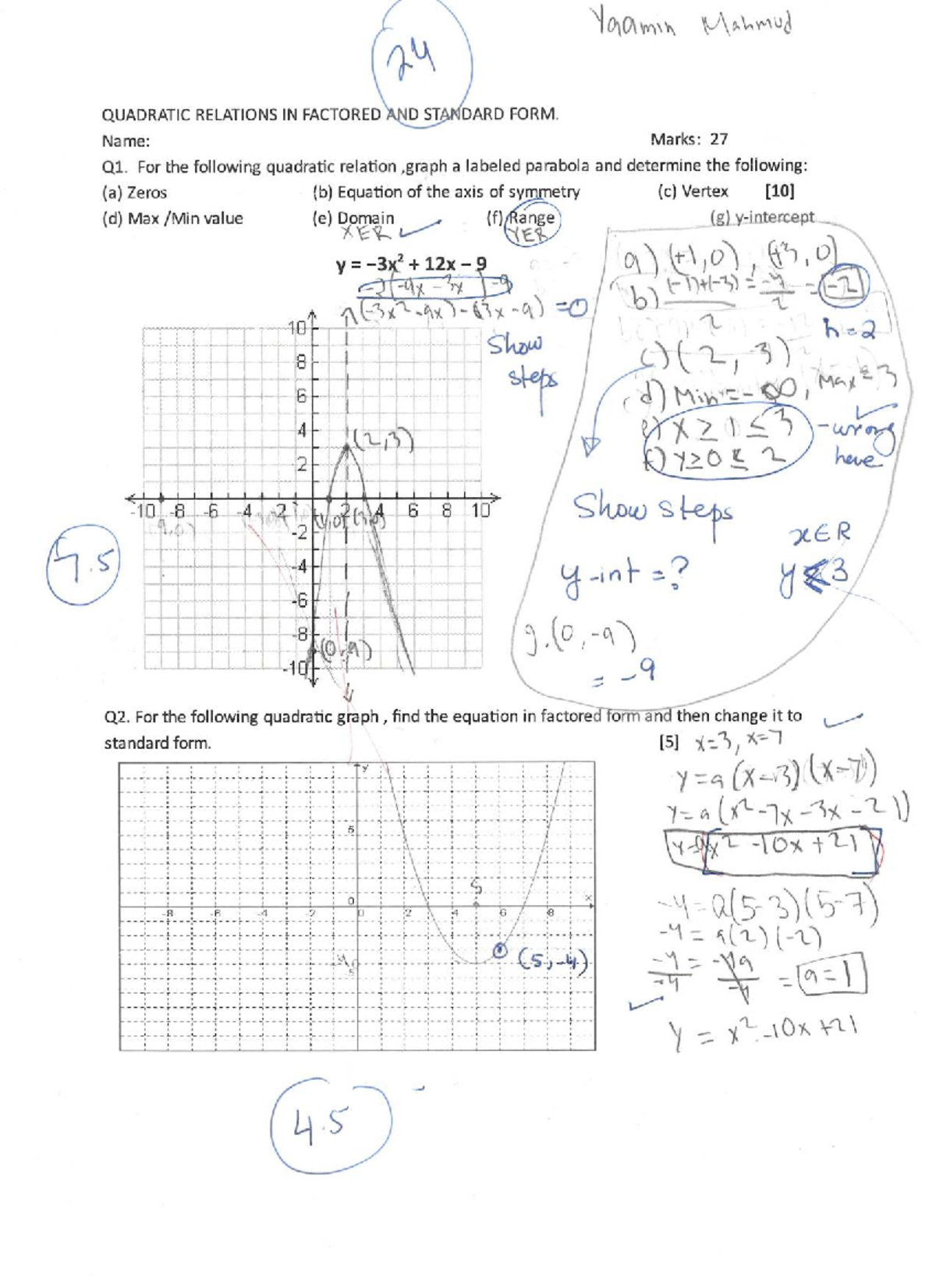 Math Test - Quadratic Relations: Factored & Standard Form - Studocu