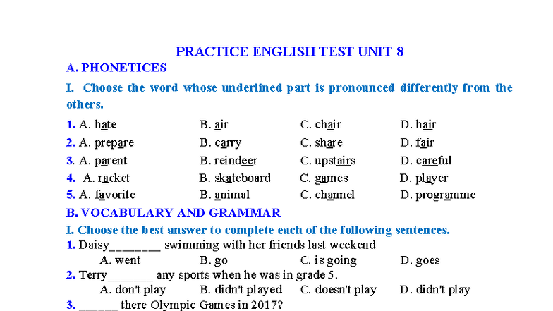 Practice Test - Unit 8: Phonetics, Vocabulary, and Reading Skills - Studocu