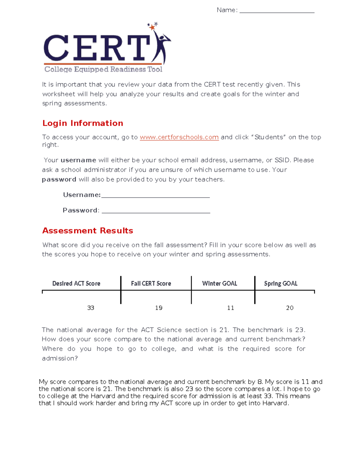 ACT Science CERT Test Analysis and Goal Setting Worksheet - Studocu