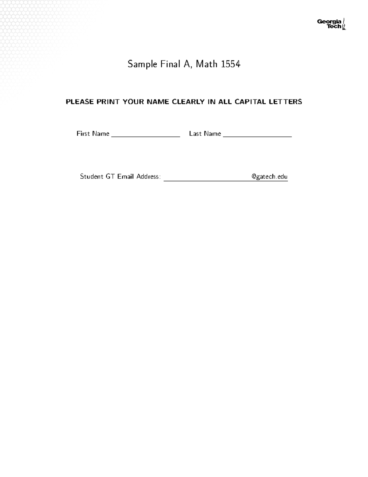 Final Exam Practice Questions for MATH 1554 Final (Practice Questions ...