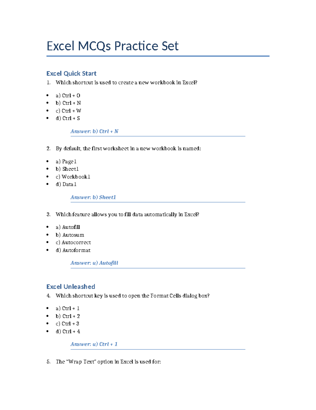 Excel MCQs Practice Set - Quick Start Guide - Studocu