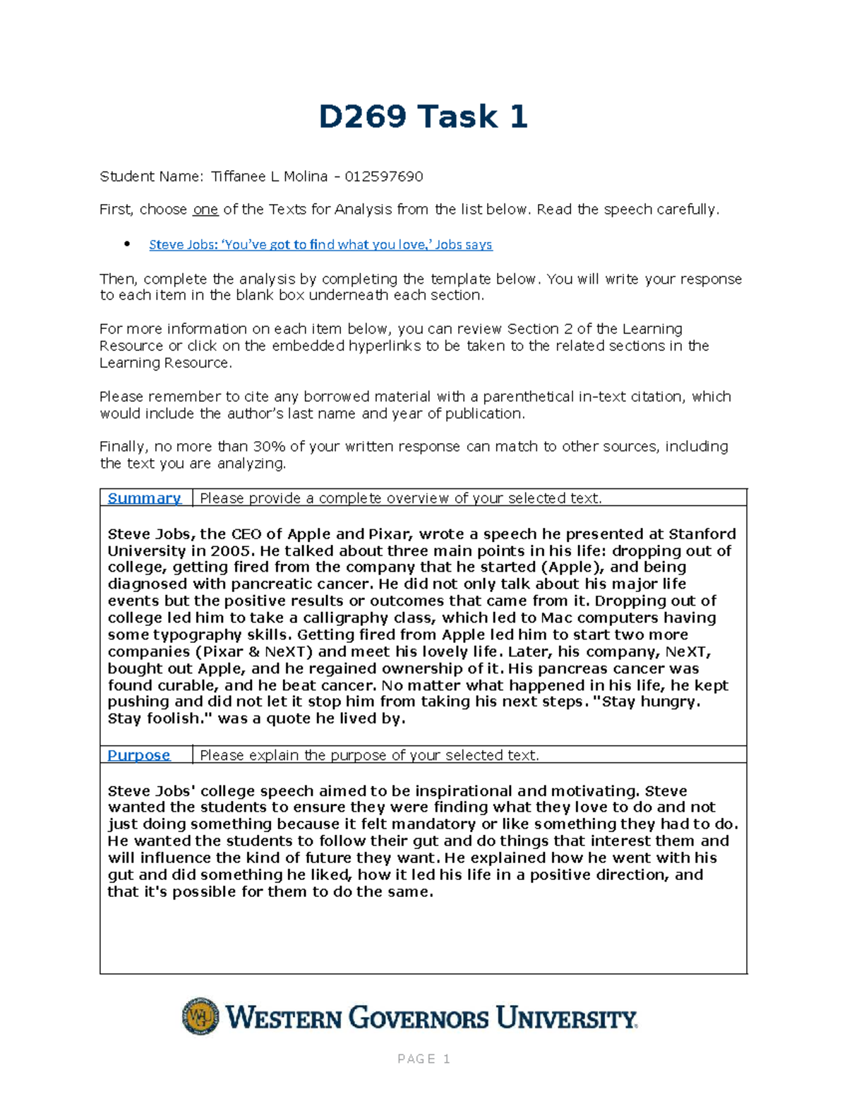 D269 Task 1 Analysis of Steve Jobs' Inspirational Speech - Studocu