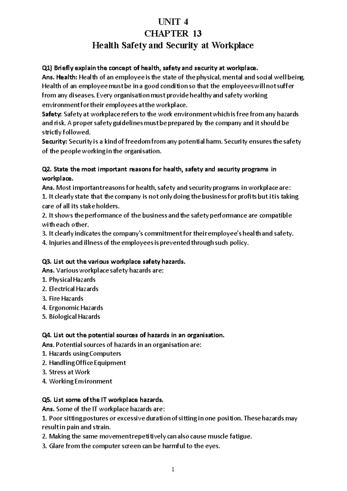 X-Unit 4-Maintain Healthy, Safe and Secure Working Environment - UNIT 4 ...