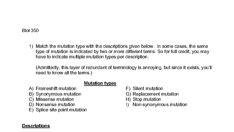 Biol 350: Mutation Types & DNA Repair Mechanisms Exam Prep - Studocu