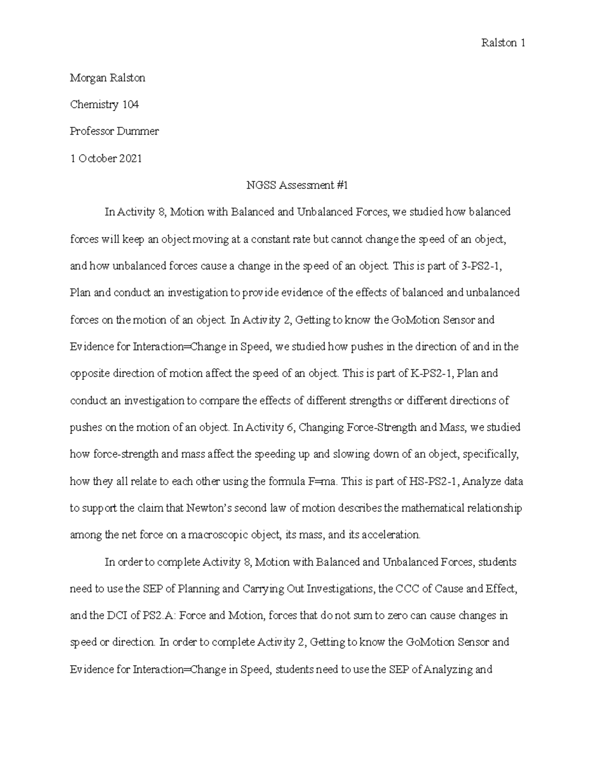 NGSS Assessment #1 - Lesson plan based on a NGSS standard - Ralston 1 ...