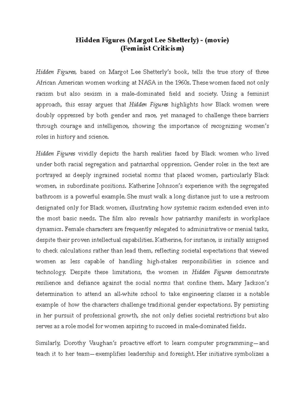 Feminist Critique of Hidden Figures (Margot Lee Shetterly) - Studocu