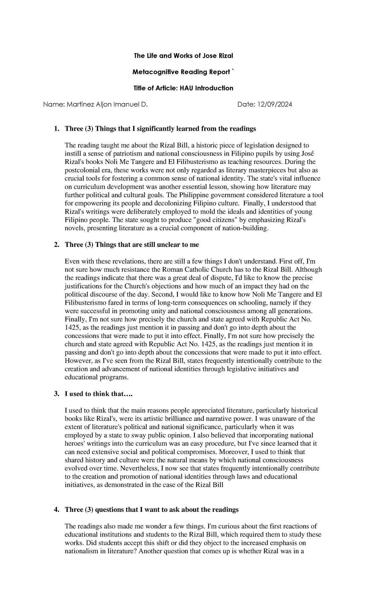 Jose Rizal's Impact on National Identity: A Metacognitive Report (ENG ...