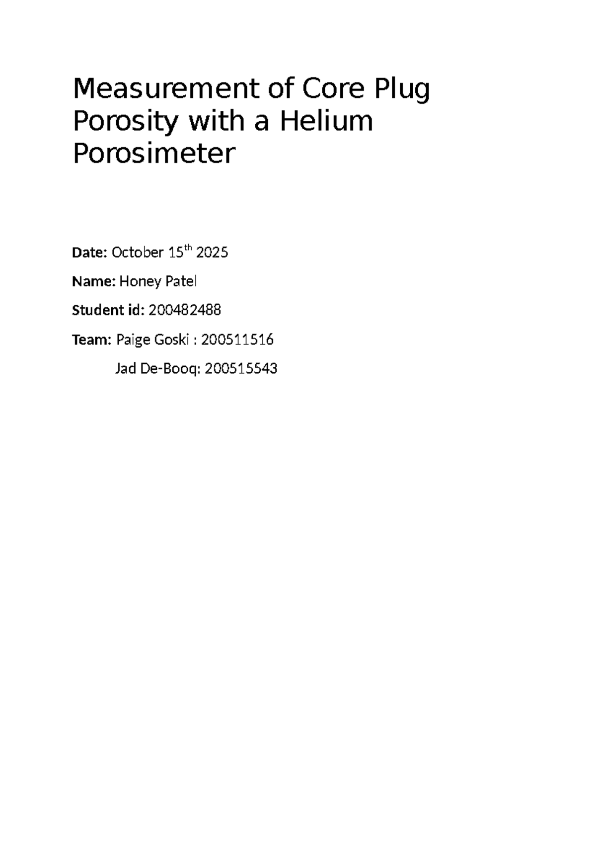 Core Plug Porosity Measurement Lab Report (ENGR 2025) - Studocu