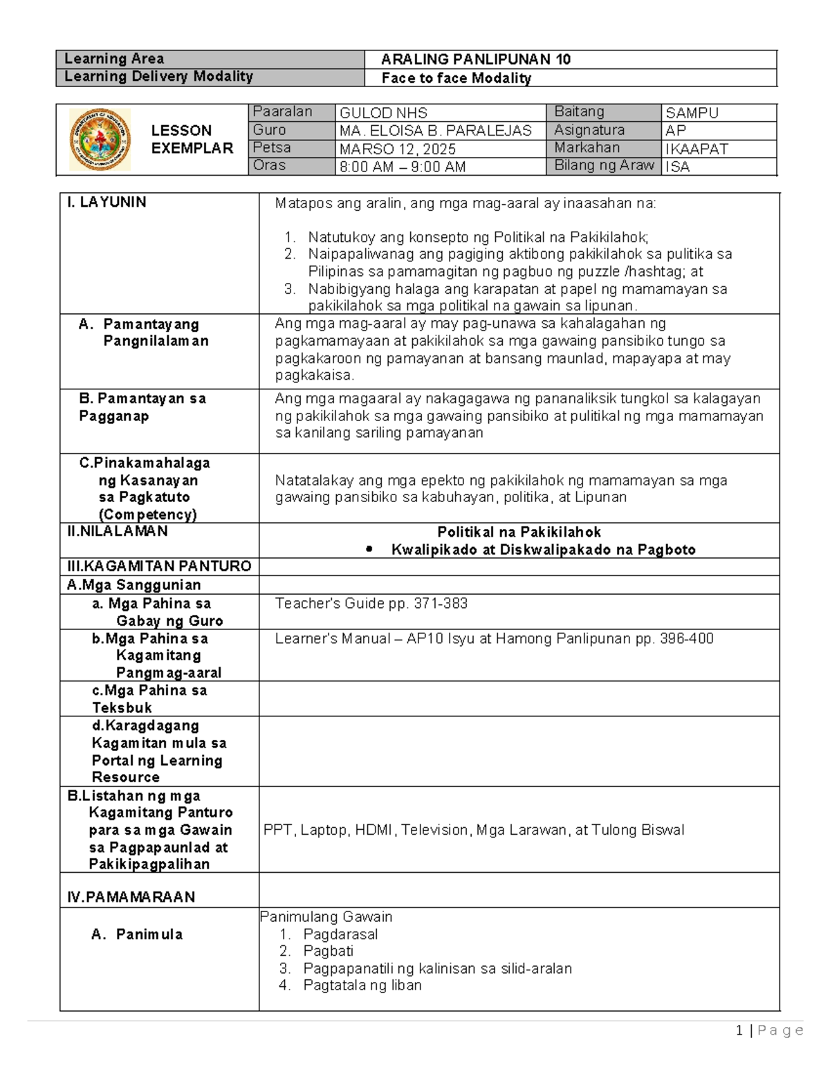 AP10 Aralin 3: Politikal na Pakikilahok Lesson Plan for 2025 - Studocu