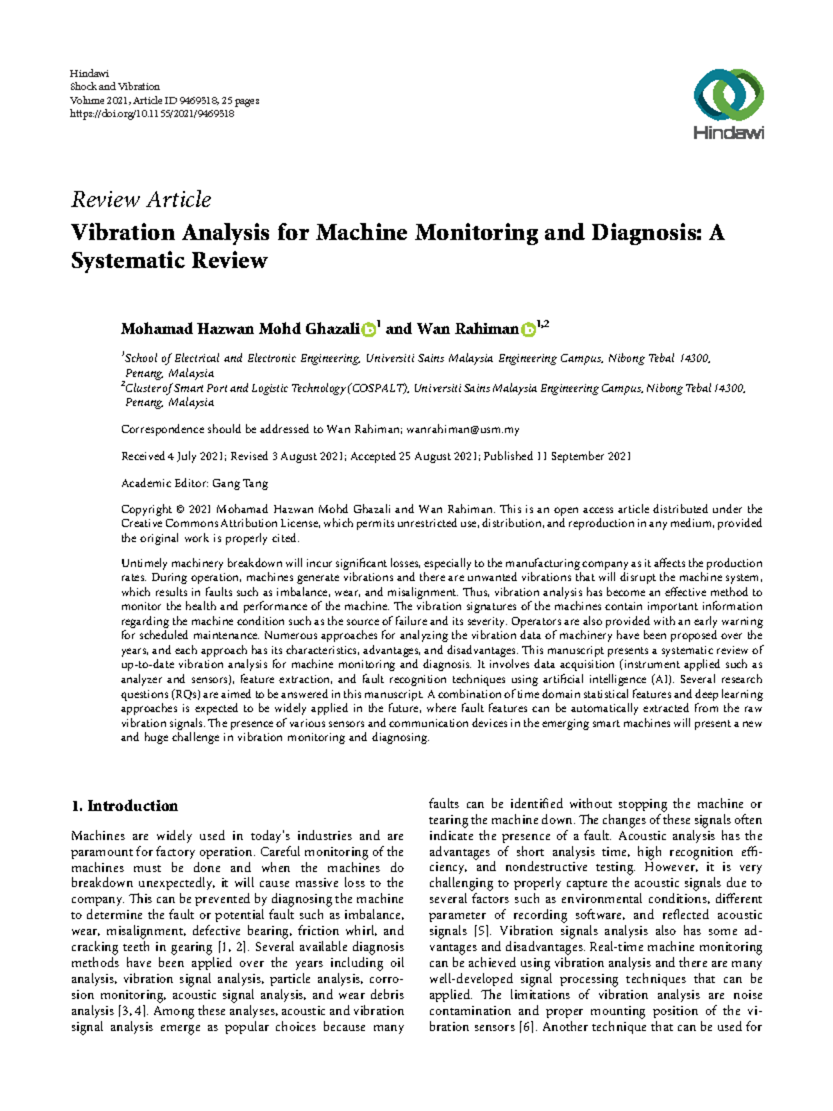 Vibration Analysis for Machine Monitoring and Diagnosis: A Systematic ...
