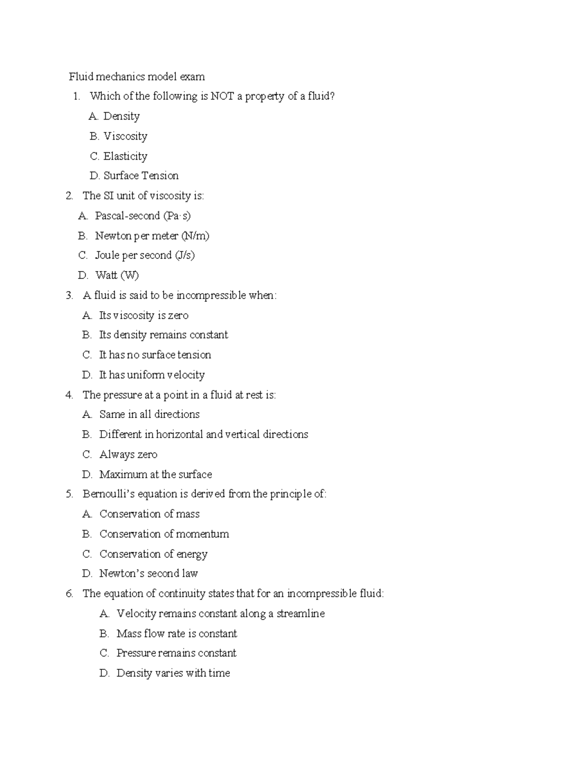 Fluid Mechanics Model Exam 1: Worksheet for Exit Exam - Studocu