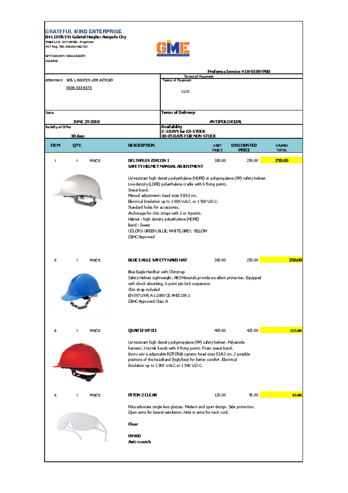 PPE Overview for Construction Projects - Proforma Invoice #18-0189 ...