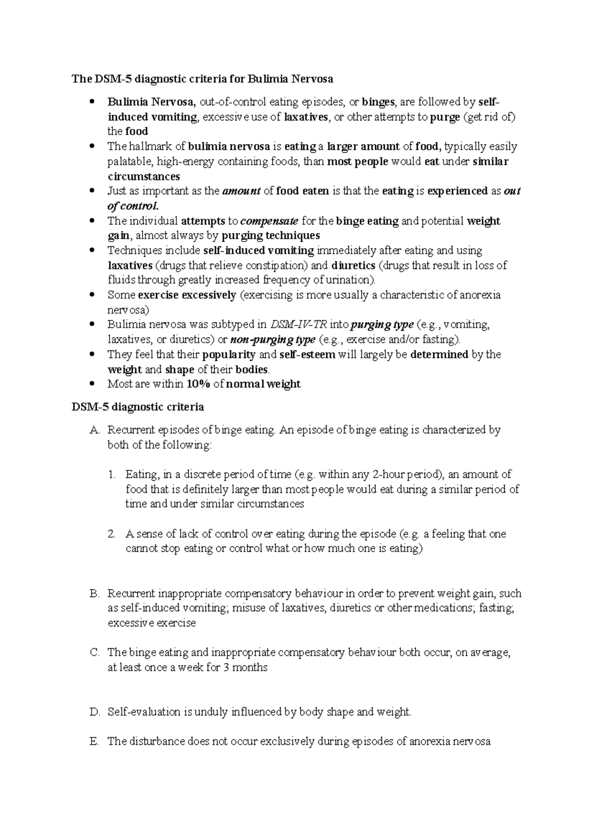 The DSM-5 Diagnostic Criteria for Bulimia Nervosa - PSPA TEST 2 - Studocu