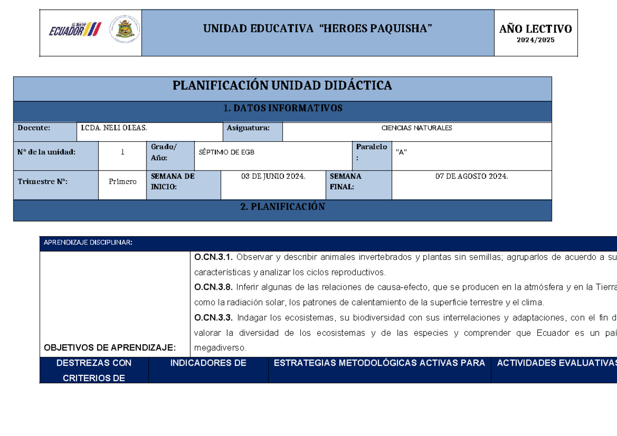 Planificación Didáctica 7MO A - CCNN - 1er Trimestre 2024 - Studocu