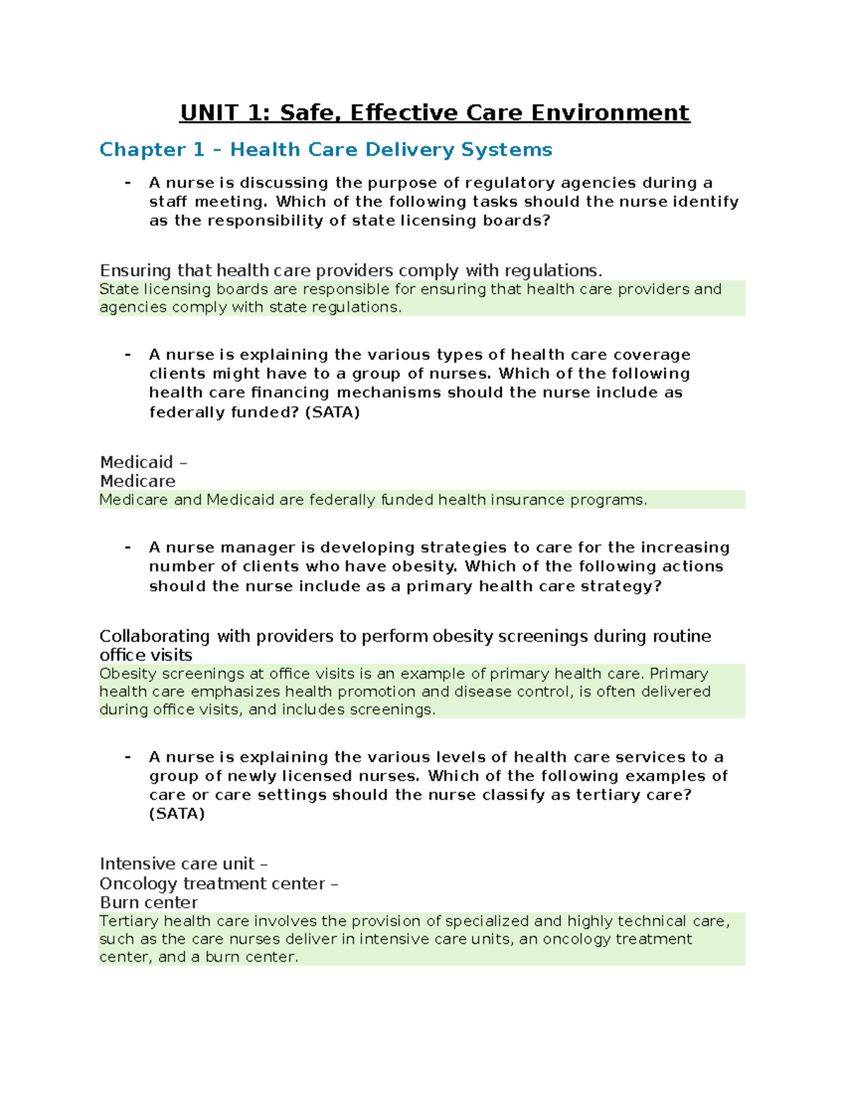 UNIT 1 -CMS Funda - UNIT 1: Safe, Effective Care Environment Chapter 1 ...