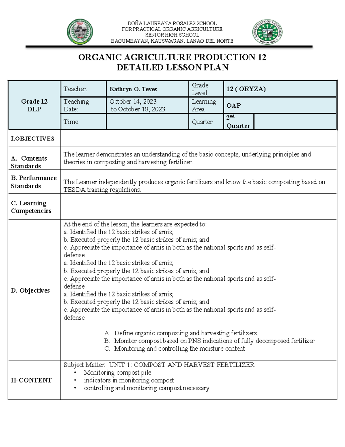 OAP Grade 12 Detailed Lesson Plan on Organic Fertilizer Production ...