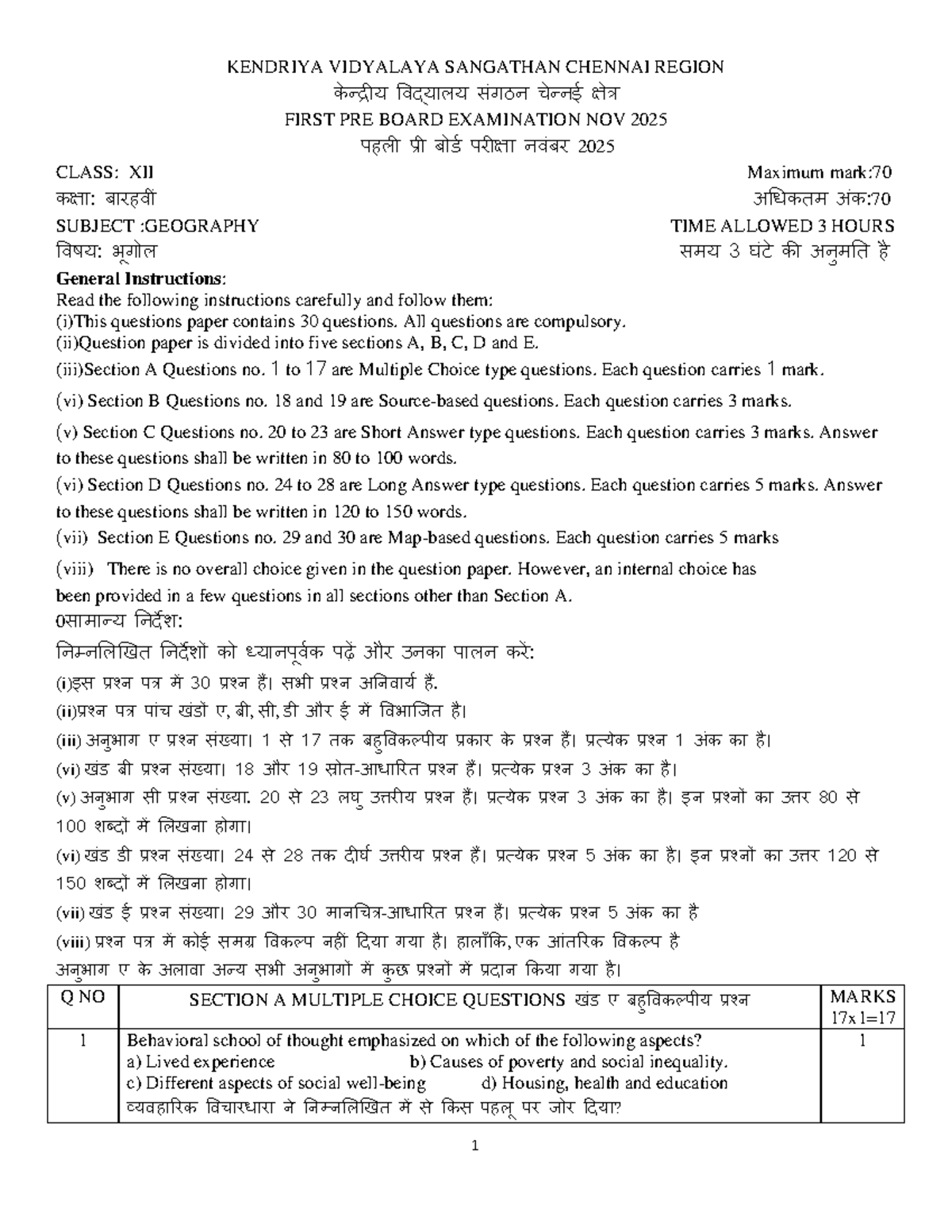 KVS Chennai Region Class XII Geography Pre-Board Exam Nov 2025 - Studocu