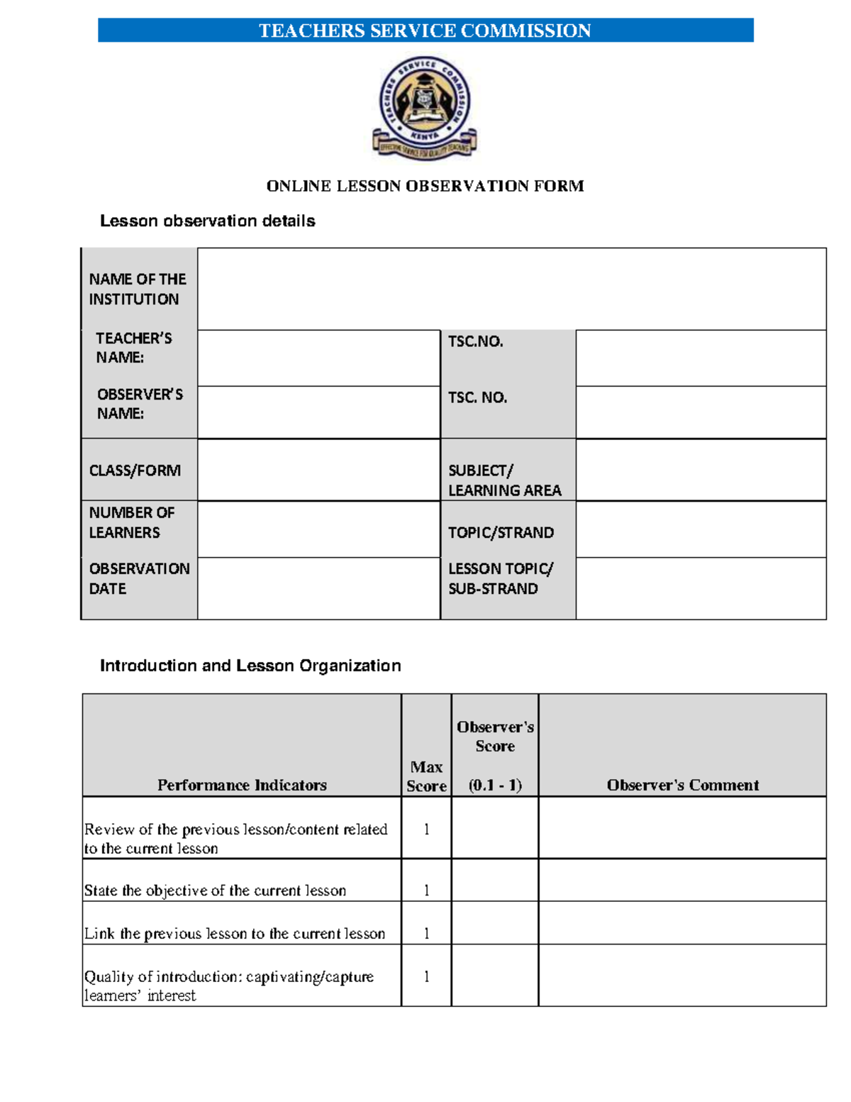 Online Lesson Observation Form - TSC Evaluation Template - Studocu