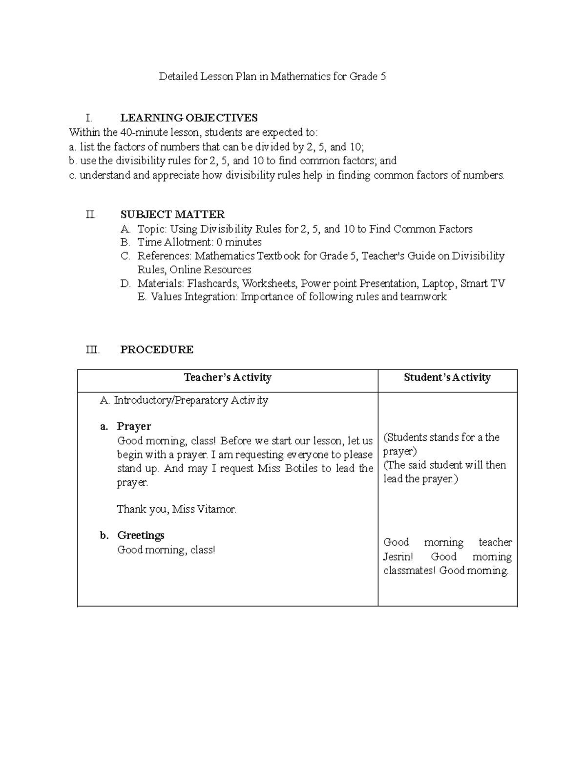 Detailed Lesson Plan: Divisibility Rules for 2, 5, and 10 (Grade 5 ...