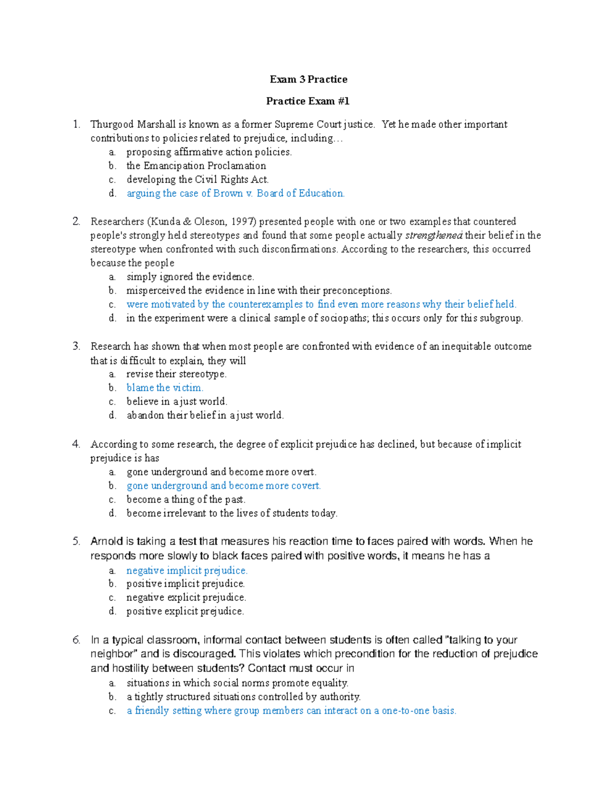 Social Psychology - Exam 3 Practice - Exam 3 Practice Practice Exam 1 ...