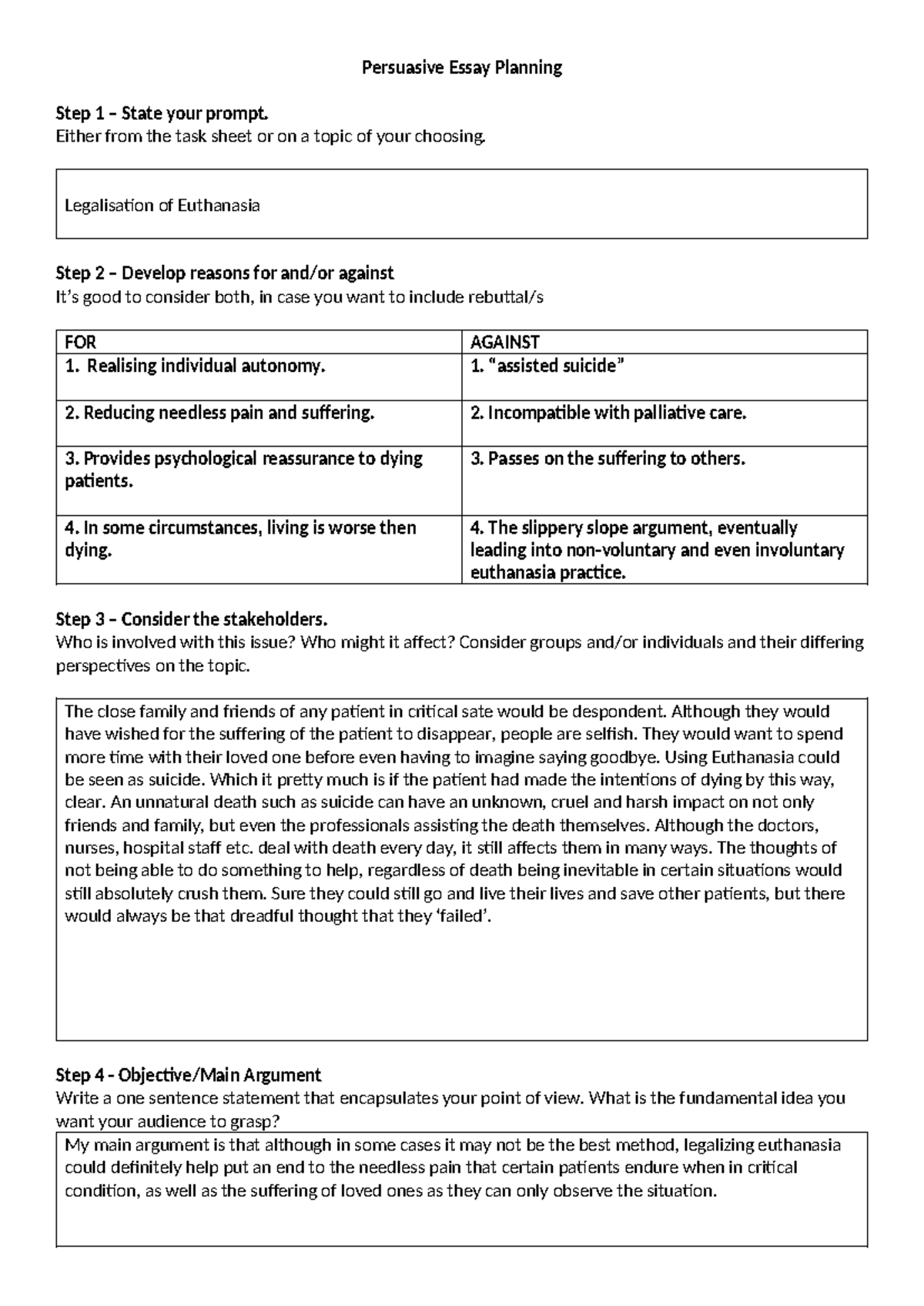 Persuasive Essay Planning: Legalization of Euthanasia Insights - Studocu