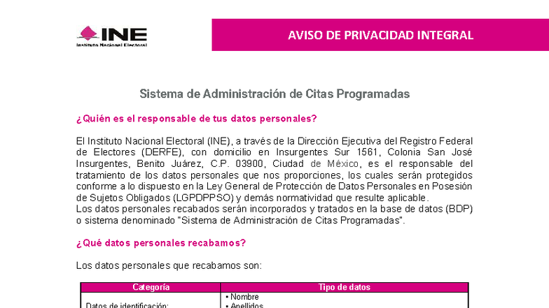 AVISO DE PRIVACIDAD INTEGRAL - DERFE Citas Programadas - Studocu