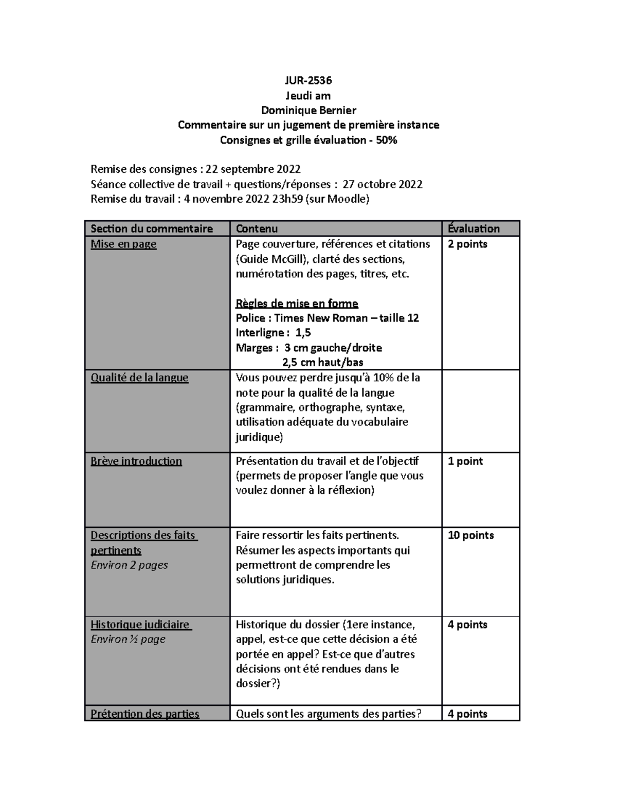 Consigne évaluation 1 - JUR-2536 - A2022 - JUR- Jeudi am Dominique ...