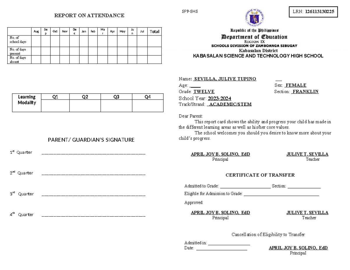 SHS-NEW - Attendance Report Card for Grade 12 - 2023 - Studocu