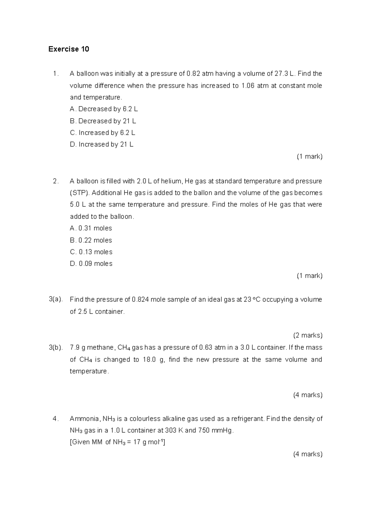 Chemistry Exercise 10 & 12: Gas Laws and Solutions Analysis - Studocu
