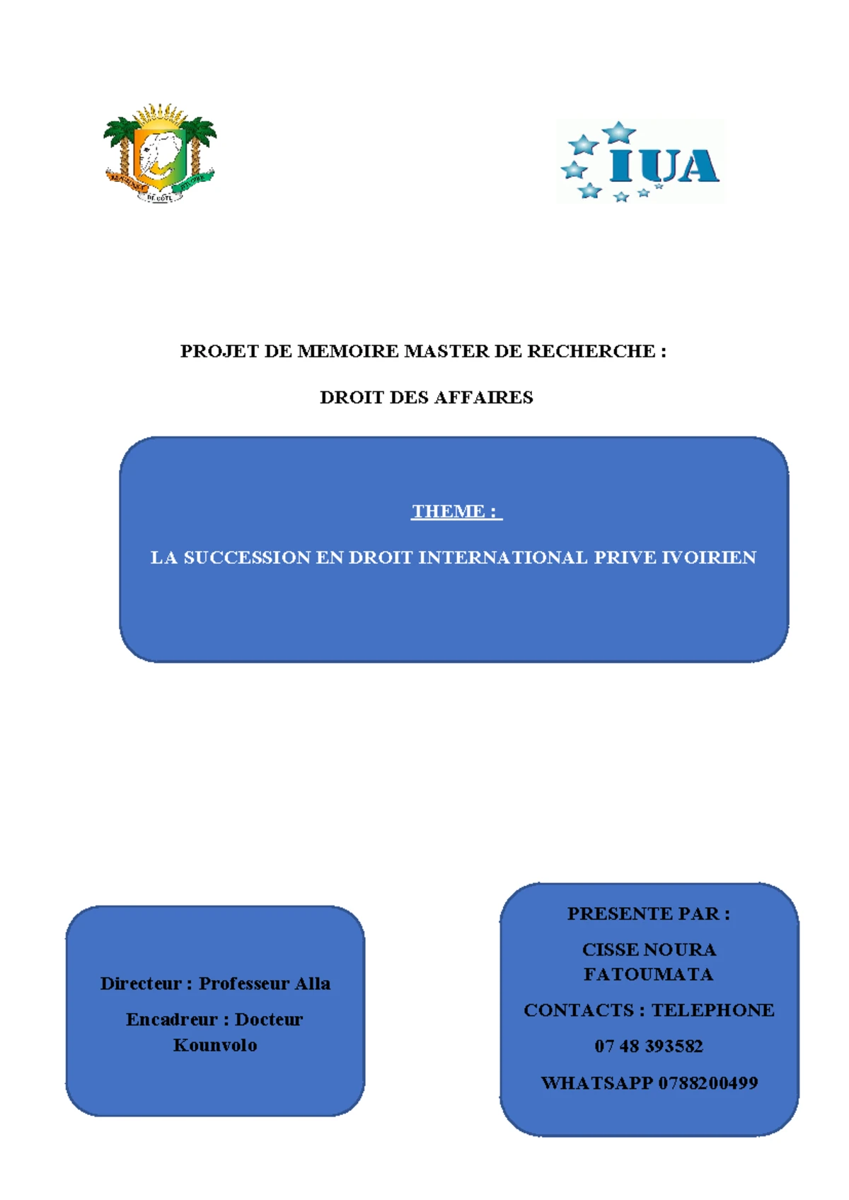Projet de Mémoire Master : La Succession en Droit International Privé Ivoirien - Studocu