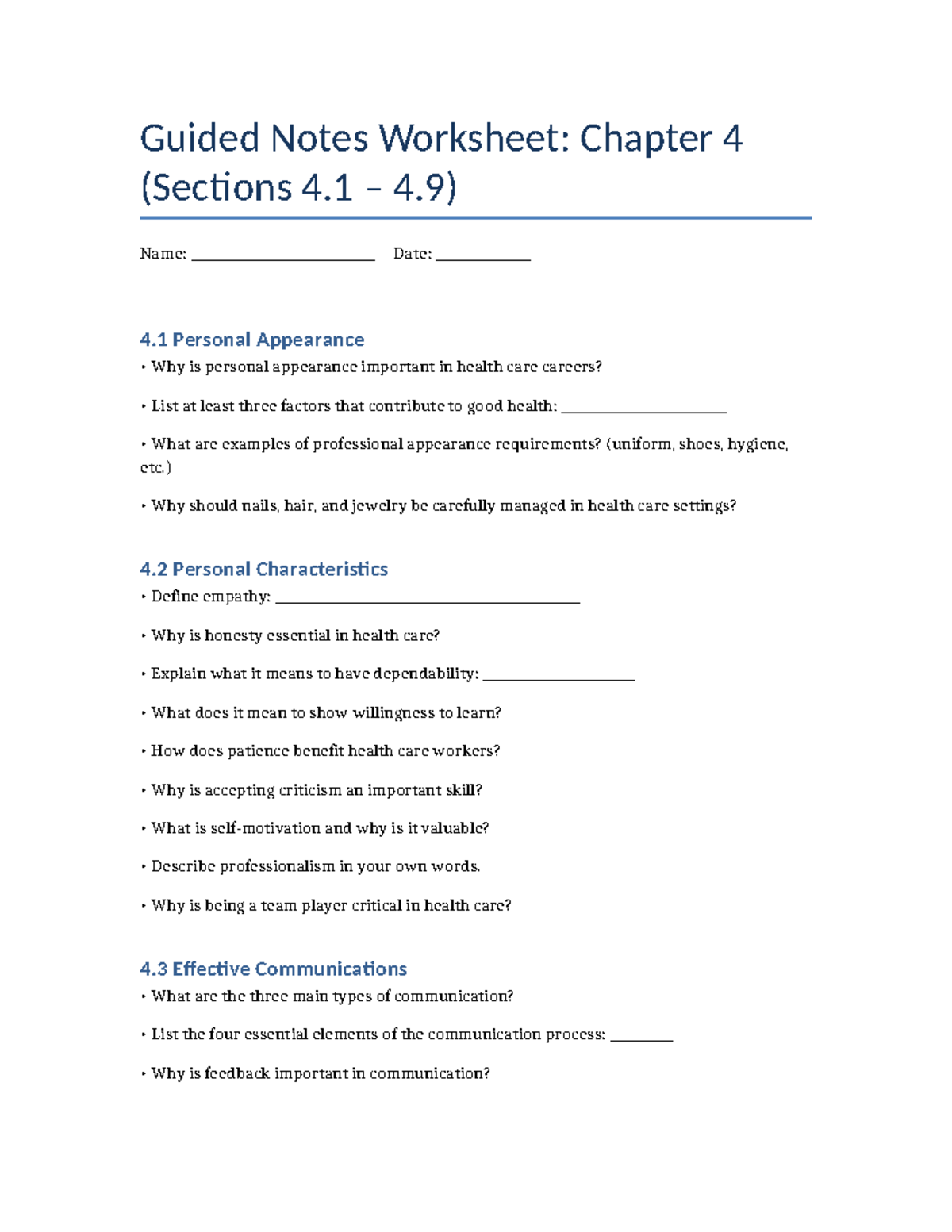 Guided Notes: Health Care Essentials - Chapter 4 Overview - Studocu