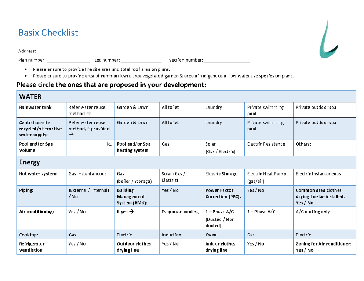 Basix Checklist for Development Compliance: Site & Water Management ...