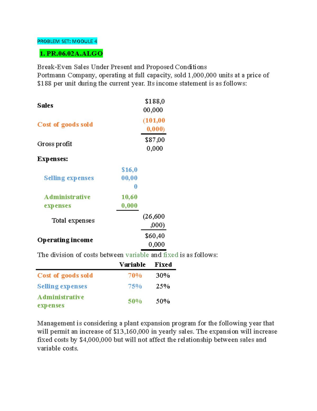 Problem Set MOD 4: Break-Even Analysis and Cost Structure Calculations - Studocu