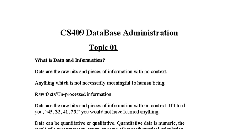 CS409 Database Administration: Understanding Data, Information, and DBMS - Studocu