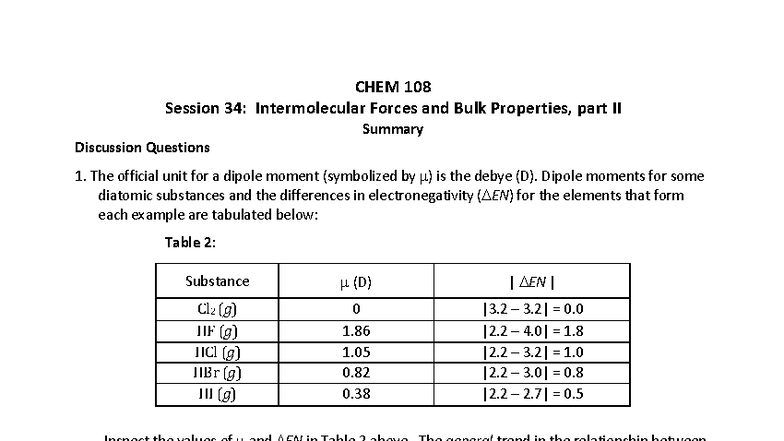 CHEM 108 Session 34: Intermolecular Forces & Properties Summary - Studocu