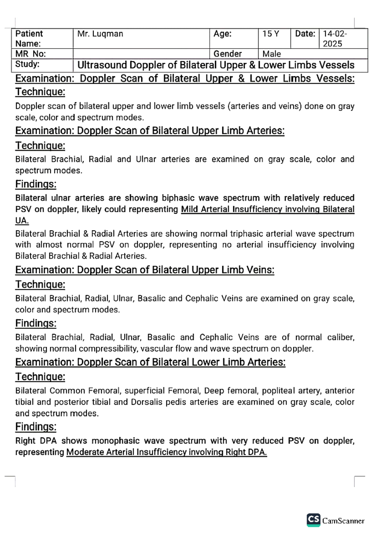 Bilateral Lower and Upper Limb Vessels Doppler Exam Report ...