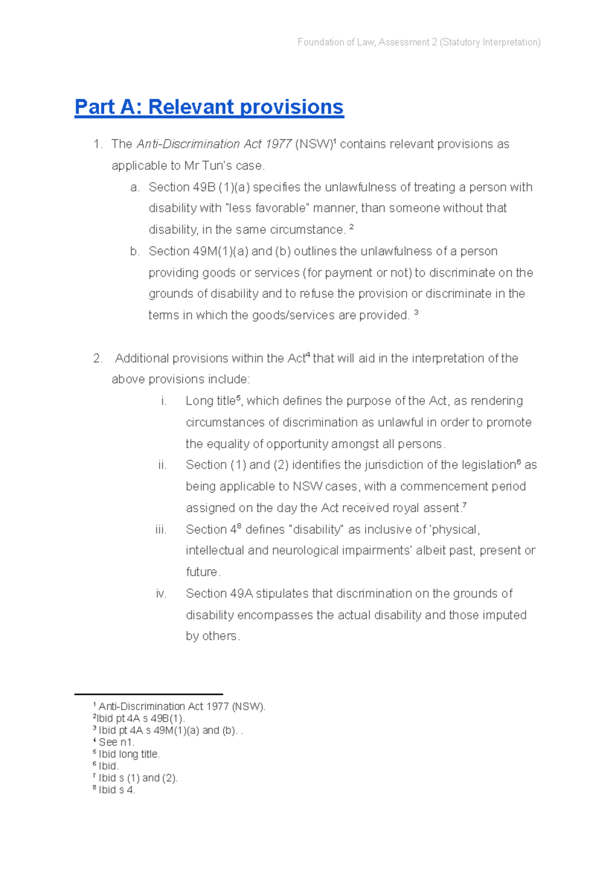 Foundation of Law, Assessment 2: Statutory Interpretation of Disability ...