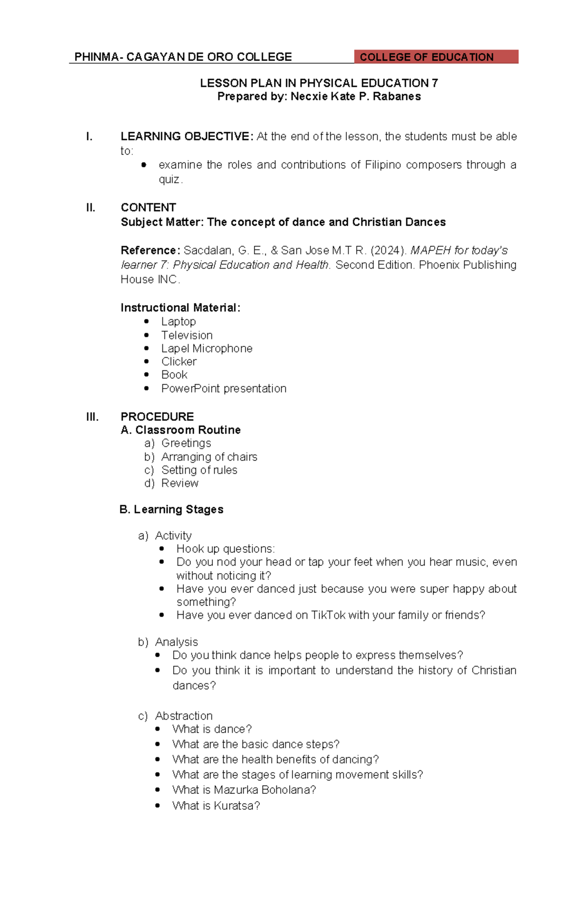 Lesson PLAN IN Physical Education 7 - LESSON PLAN IN PHYSICAL EDUCATION ...